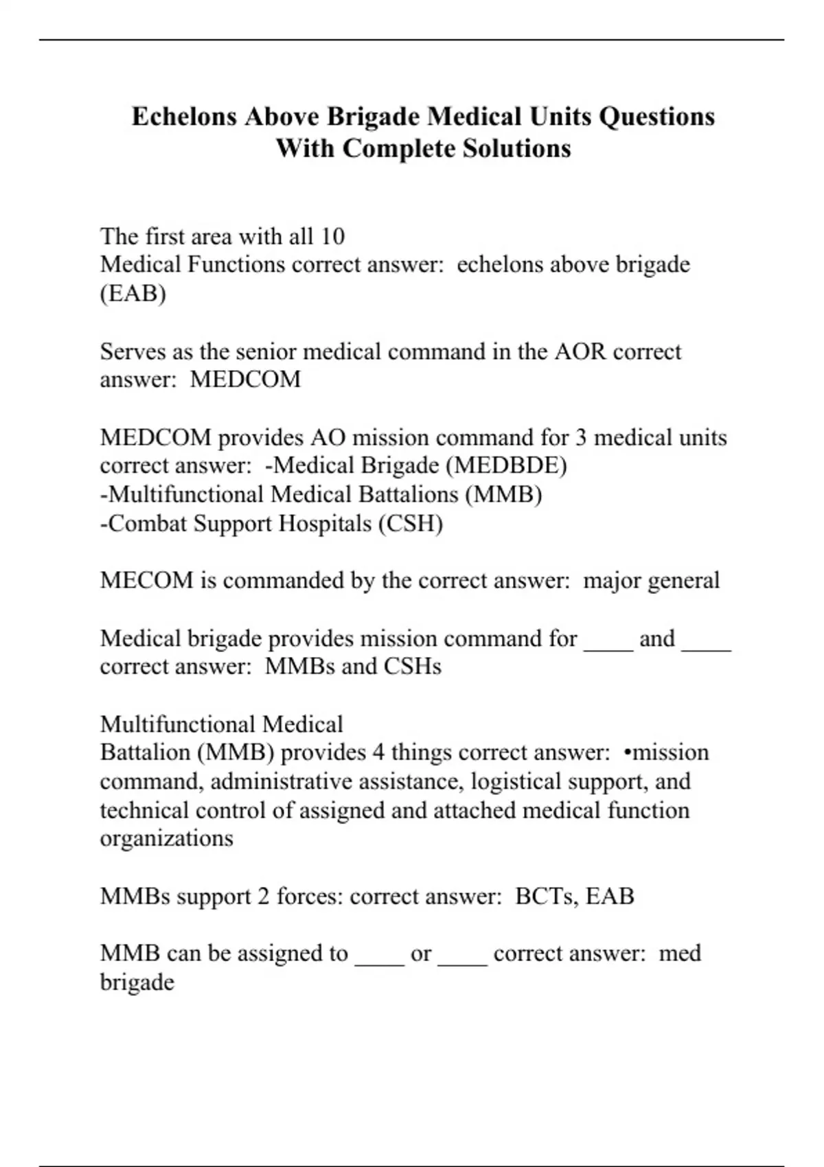 Echelons Above Brigade Medical Units Questions With Complete Solutions ...