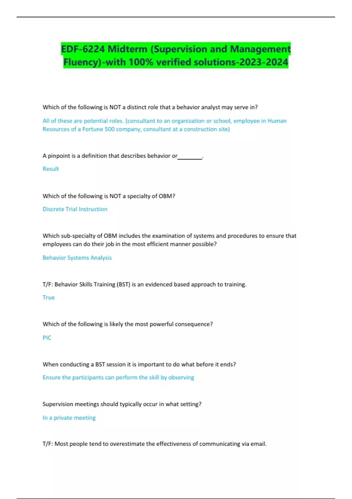 EDF-6224 Midterm (Supervision and Management Fluency)-with 100% verified solutions- - EDF-6224 ...