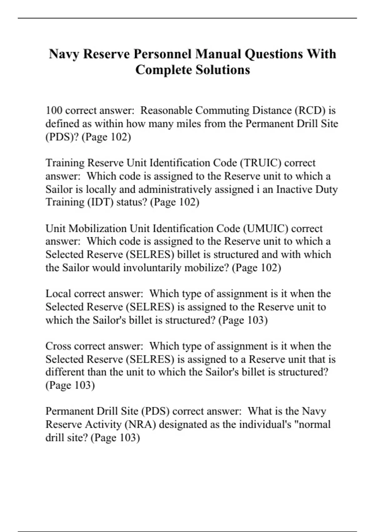 Navy Reserve Personnel Manual Questions With Complete Solutions - Navy ...