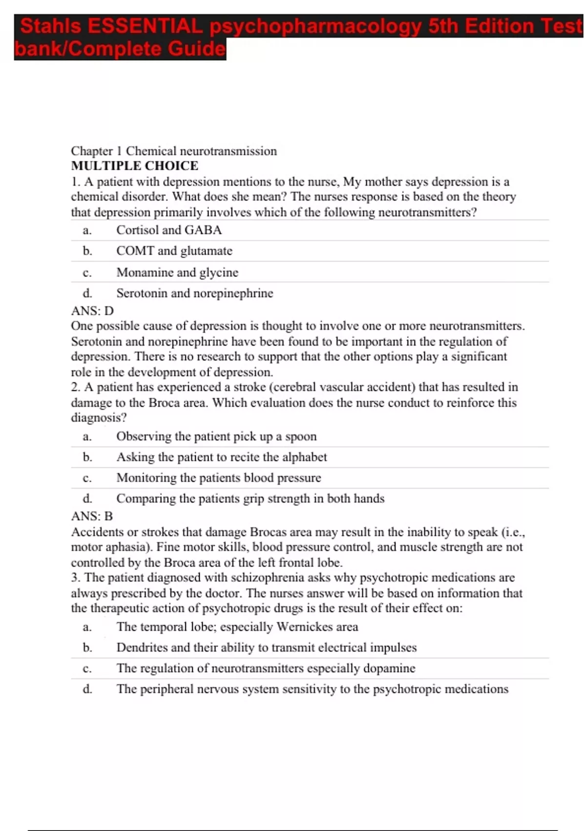 Test Bank For Stahl's Essential Psychopharmacology 5th Edition ...
