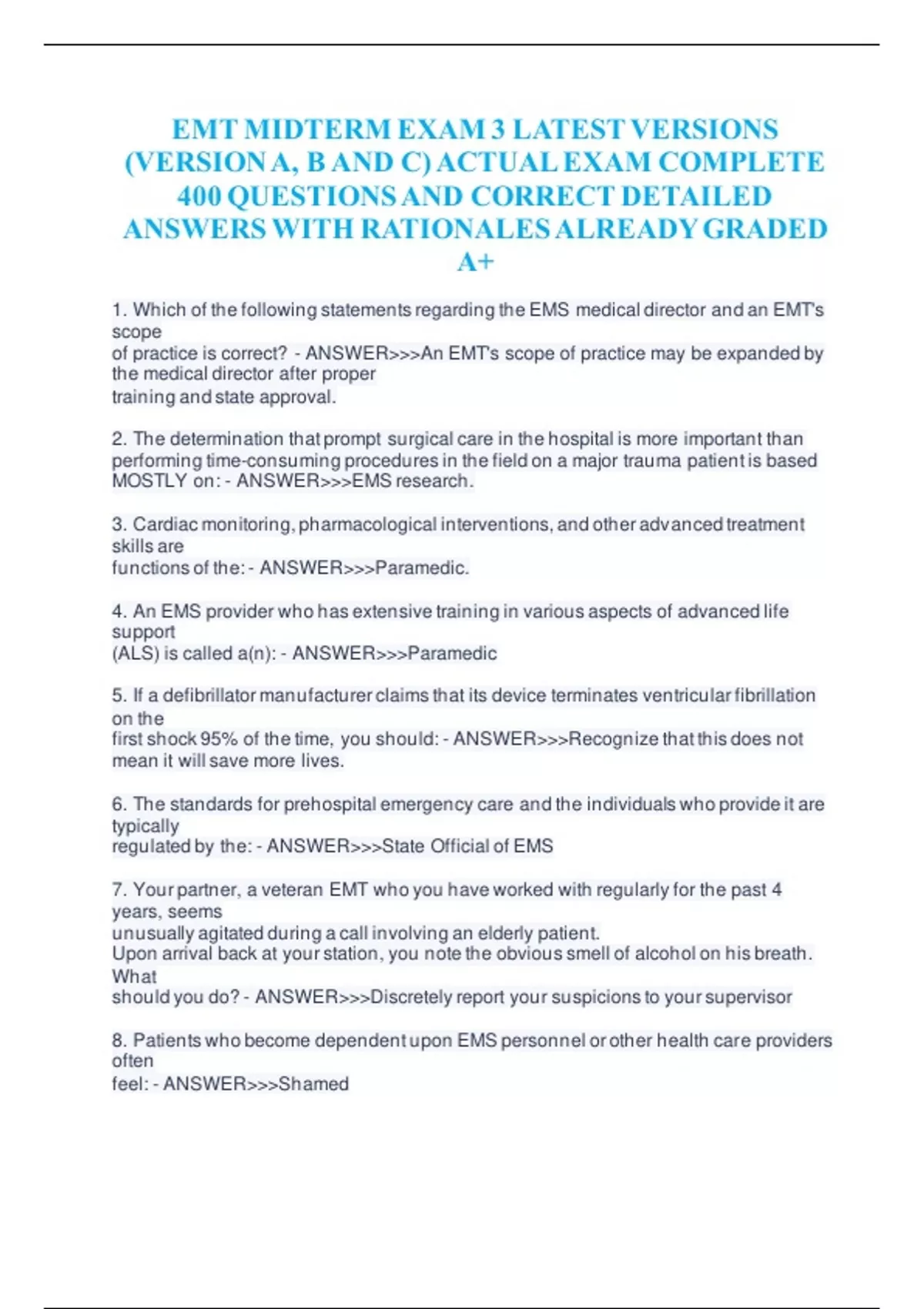 EMT MIDTERM EXAM 3 LATEST VERSIONS (VERSION A, B AND C) ACTUAL EXAM ...