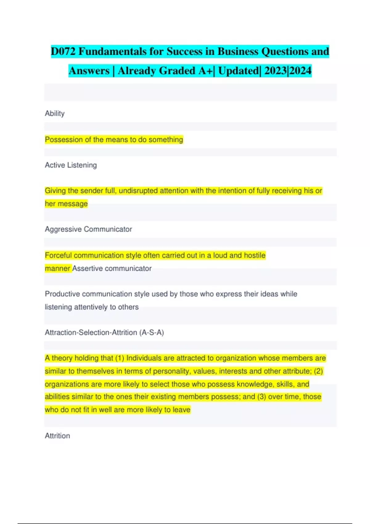 D072 Fundamentals for Success in Business Questions and Answers ...