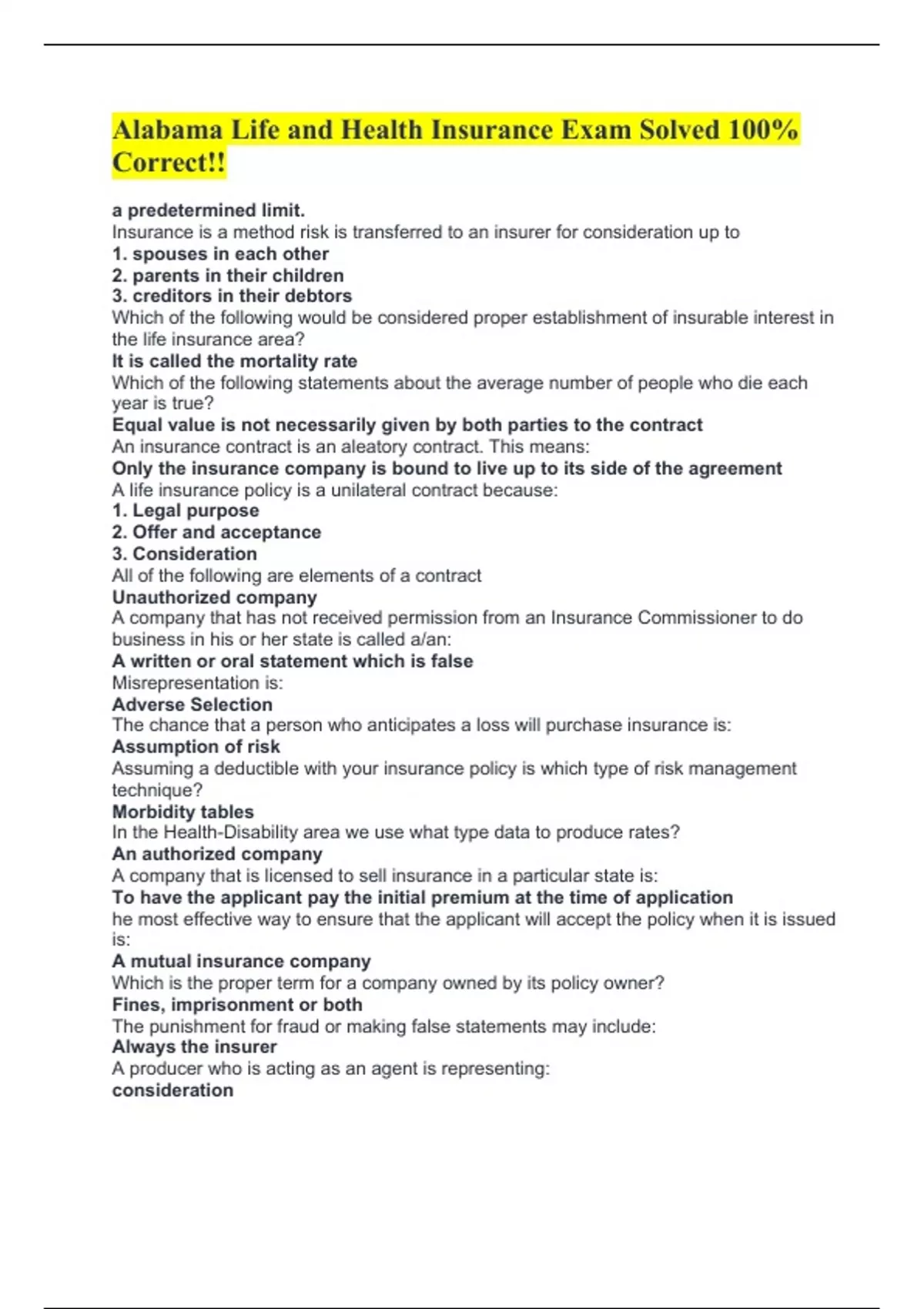 Alabama Life and Health Insurance Exam Solved 100% Correct!! - Alabama ...