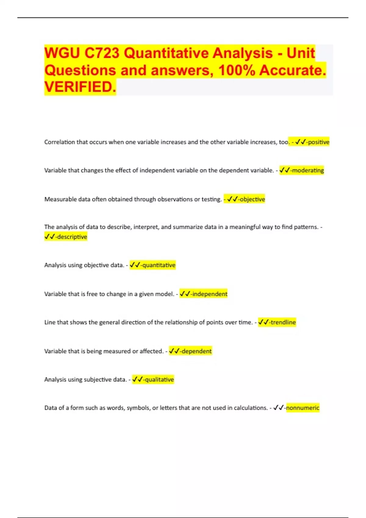 WGU C723 Quantitative Analysis - Unit Questions and answers, 100% ...