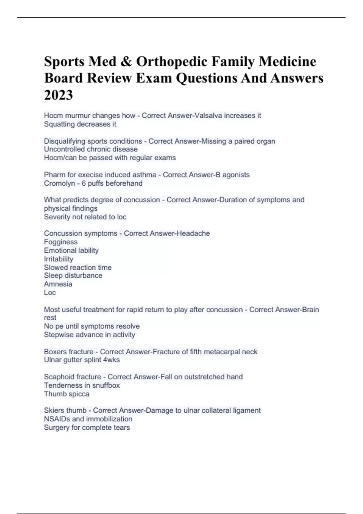 Sports Med & Orthopedic Family Medicine Board Review Exam Questions And ...