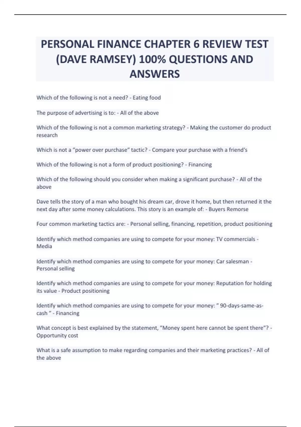 PERSONAL FINANCE CHAPTER 6 REVIEW TEST DAVE RAMSEY 100 QUESTIONS AND