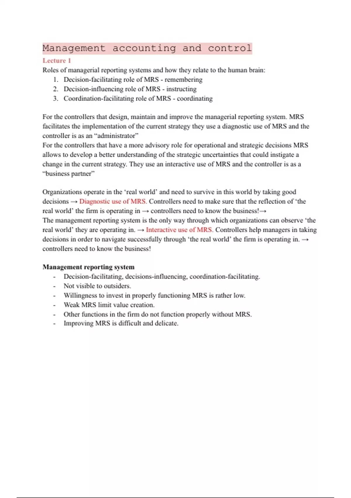 Management Accounting & Control full summary - Management Accounting ...