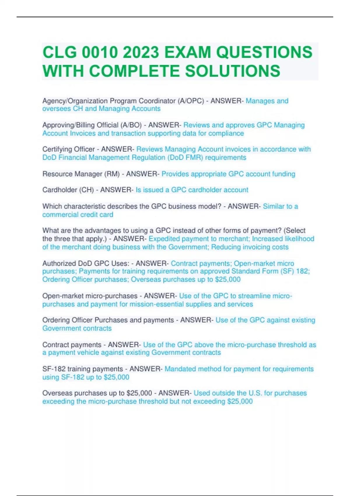 Clg Exam Questions With Complete Solutions Clg 0010 2023 Stuvia Us