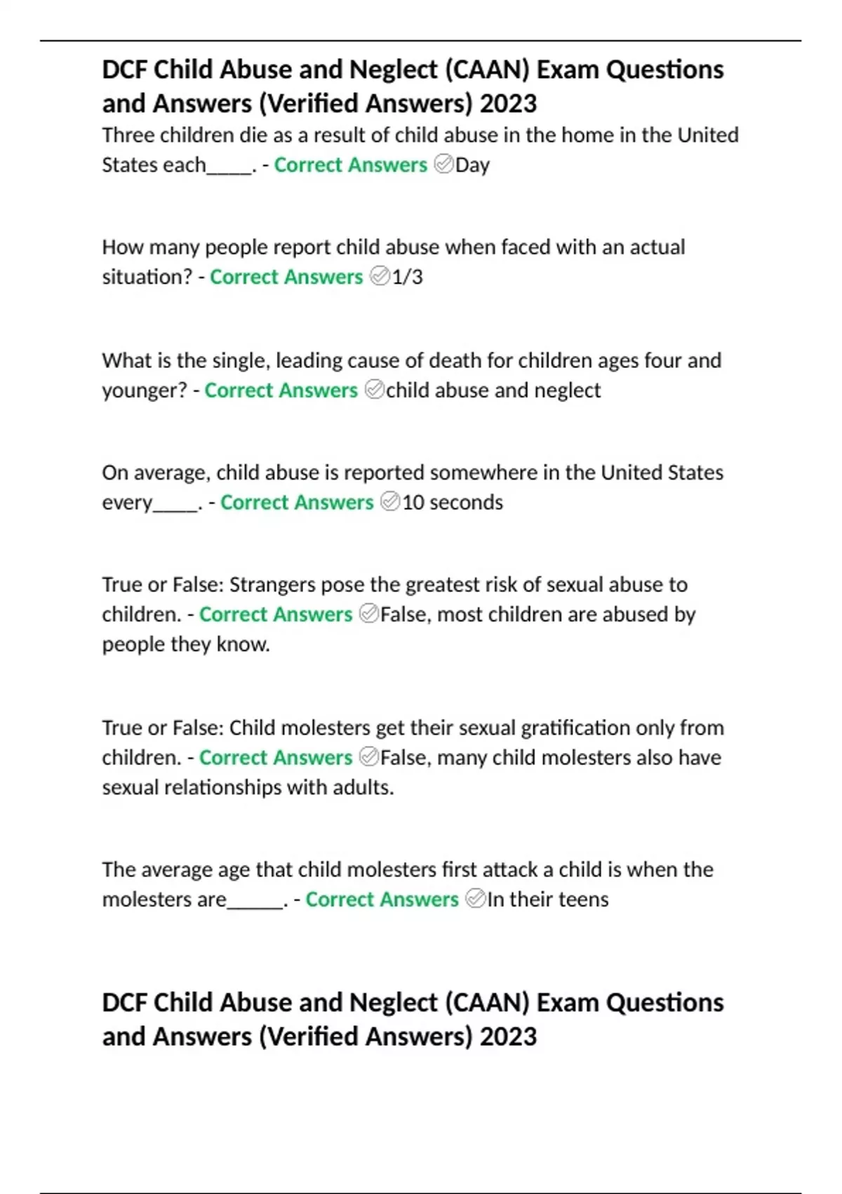 DCF Child Abuse and Neglect (CAAN) Exam Questions and Answers (Verified ...
