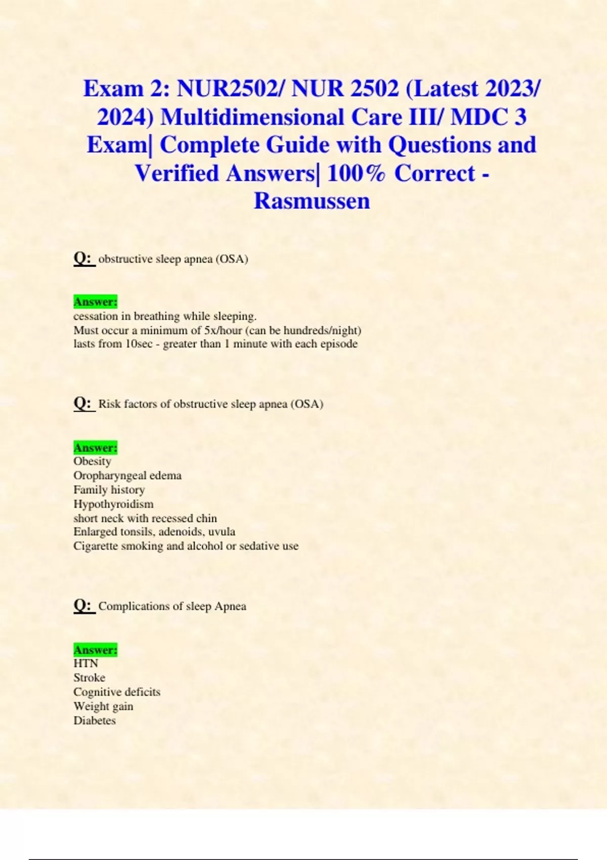 Exam 2: NUR2502/ NUR 2502 (Latest 2023/ 2024) Multidimensional Care III ...