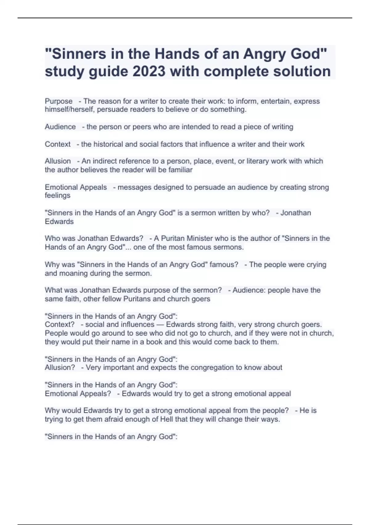 "Sinners in the Hands of an Angry God" study guide 2023 with complete ...