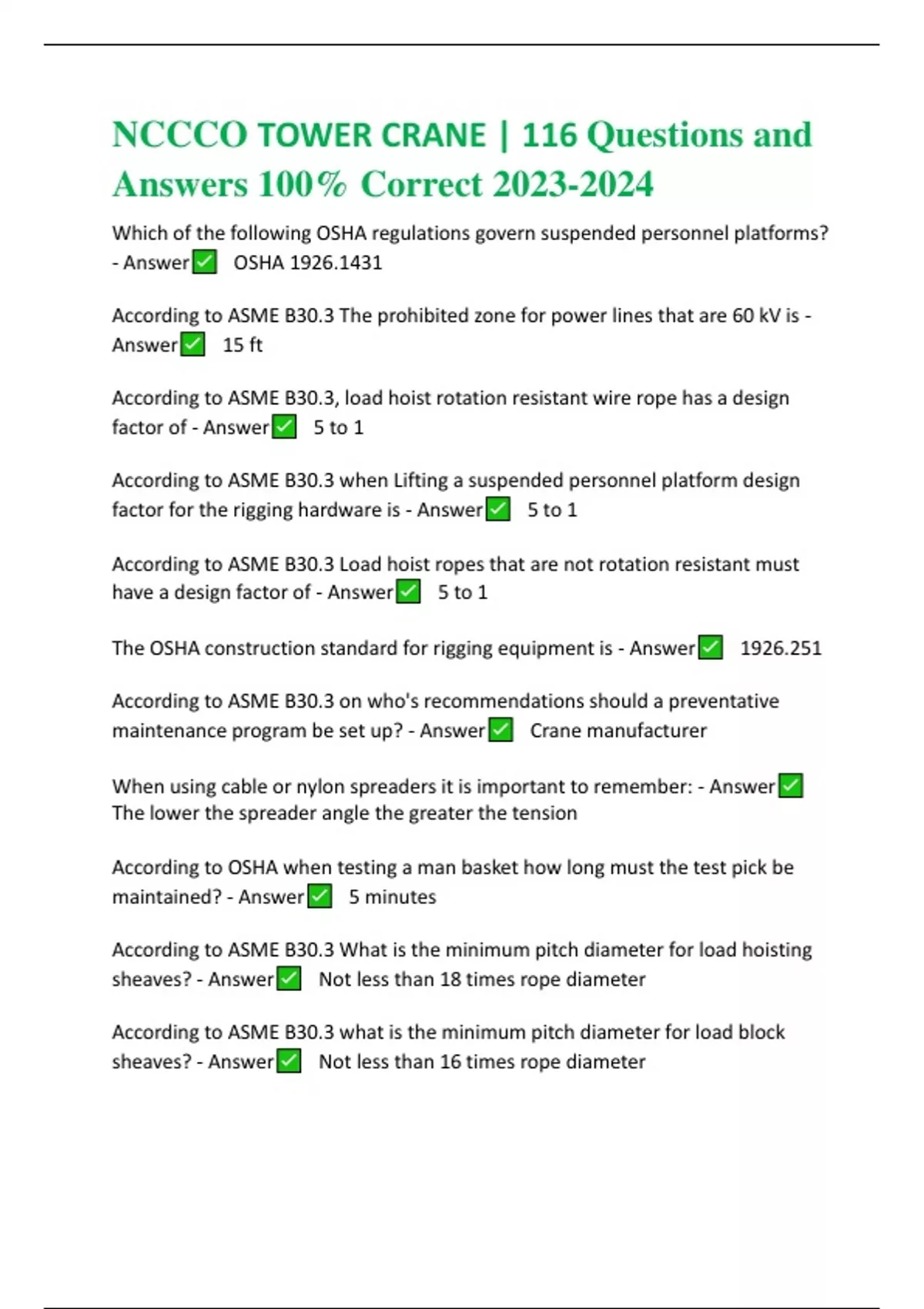 NCCCO TOWER CRANE | 116 Questions and Answers 100% Correct - Nccco ...