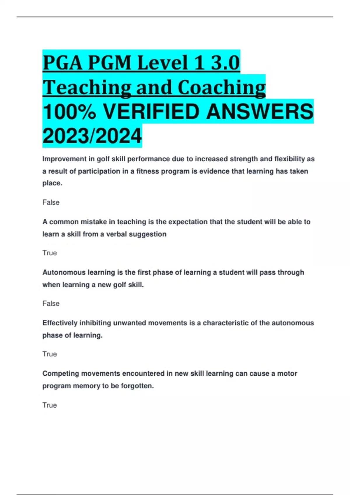 PGA PGM Level 1 3.0 Teaching and Coaching 100% VERIFIED ANSWERS 2023/2024 - PGA PGM Level 1 3.0 ...