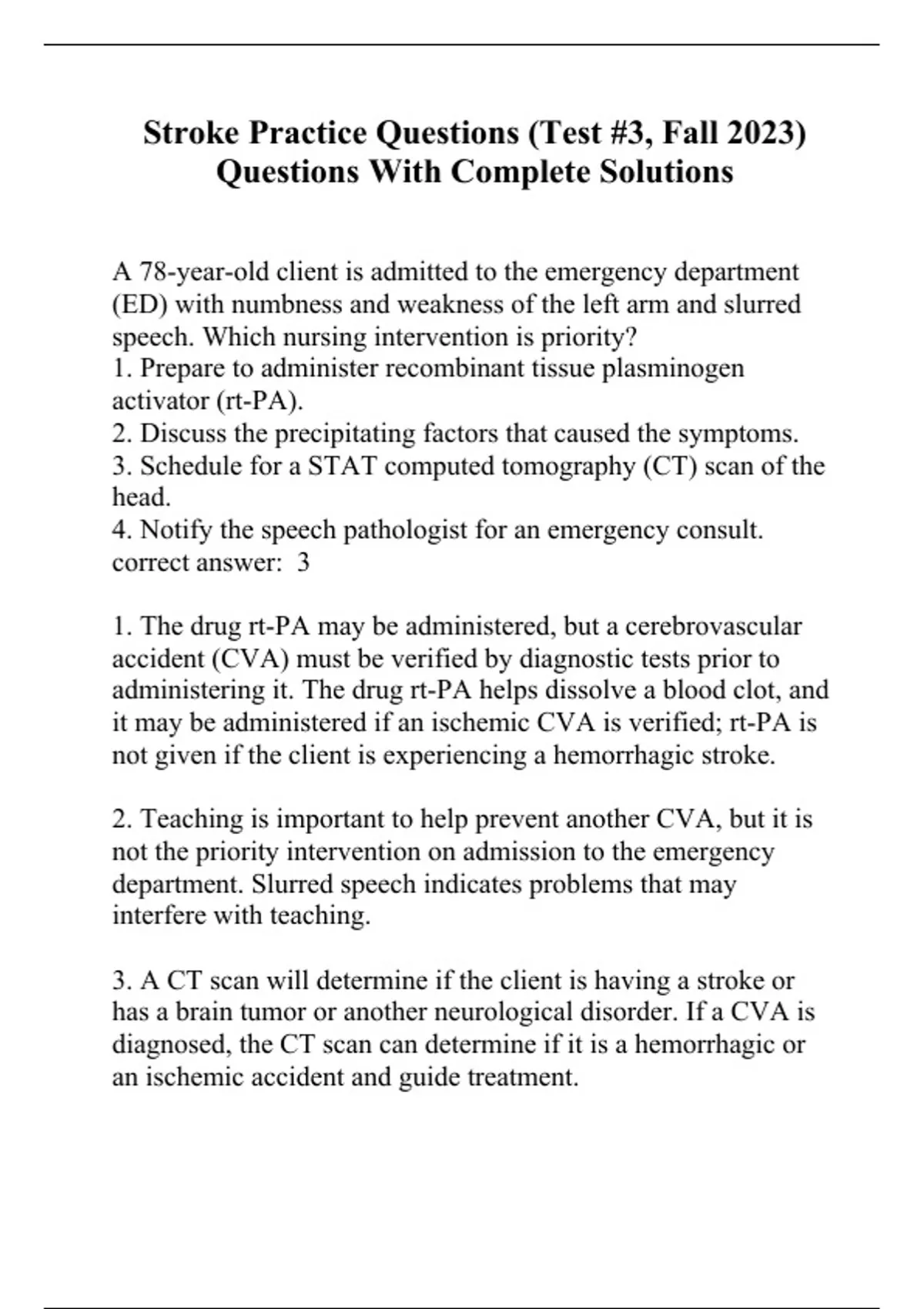 Stroke Practice Questions (Test #3, Fall 2023) Questions With Complete ...