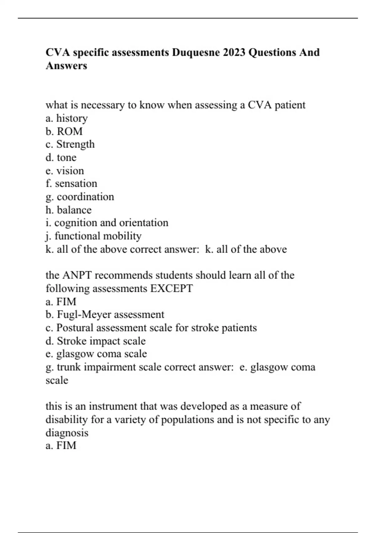 CVA specific assessments Duquesne 2023 Questions And Answers - CVA ...