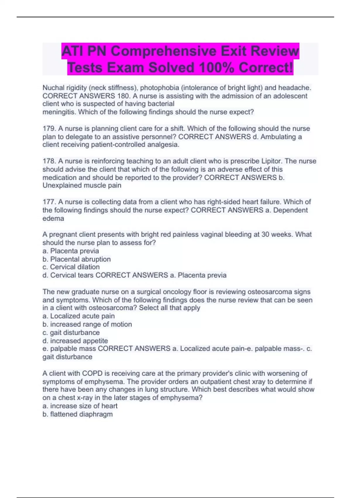 ATI PN Comprehensive Exit Review Tests Exam Solved 100% Correct! - Ati ...