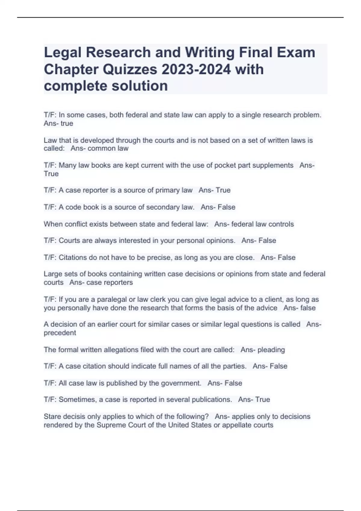 Legal Research and Writing Final Exam Chapter Quizzes with complete ...