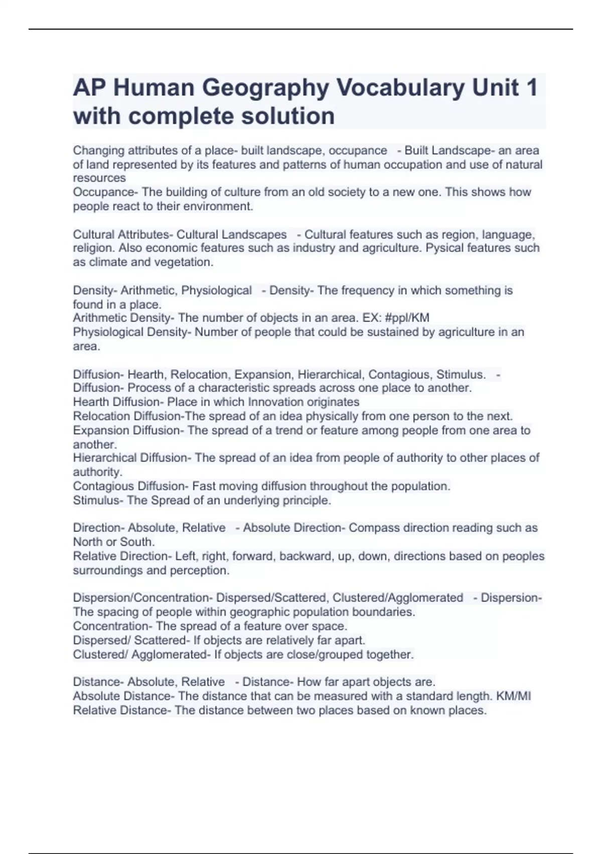 AP Human Geography Vocabulary Unit 1 with complete solution - AP Human ...
