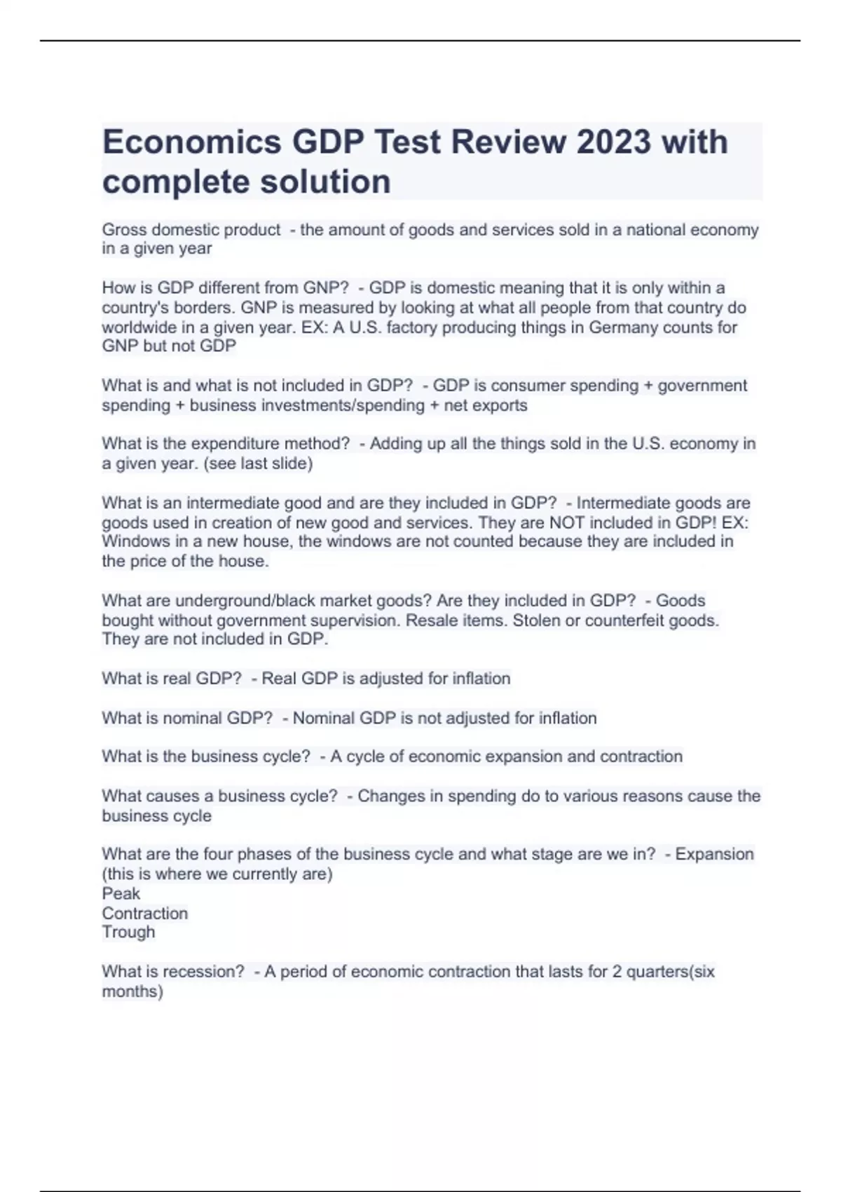Economics GDP Test Review 2023 with complete solution - Economics GDP ...