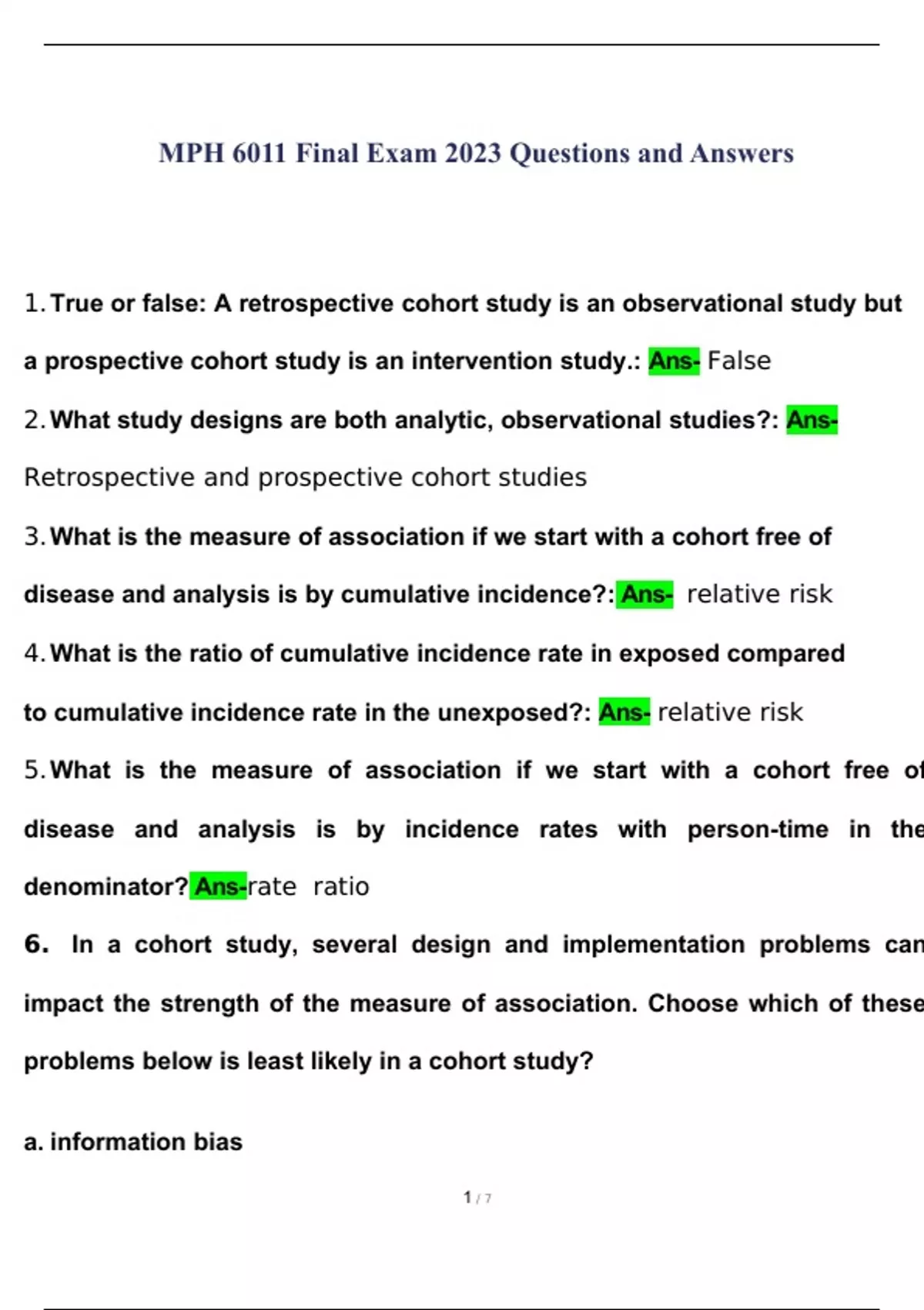MPH 6011 Final Exam 2023 with complete solution - MPH - Stuvia US