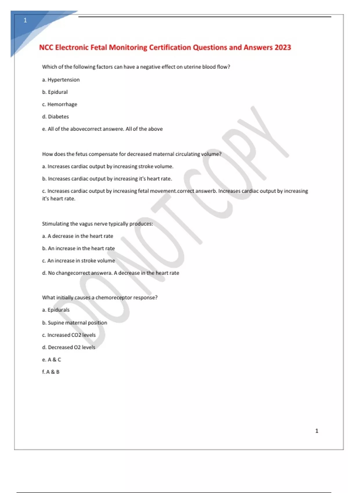 NCC Electronic Fetal Monitoring Certification Questions and Answers ...