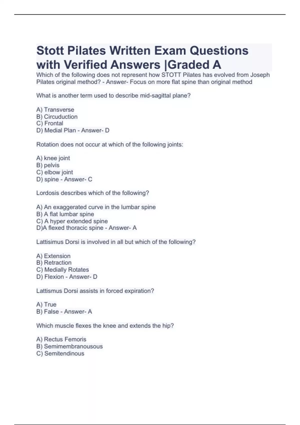 Stott Pilates Written Exam 2023 with complete solution - Stott Pilates ...