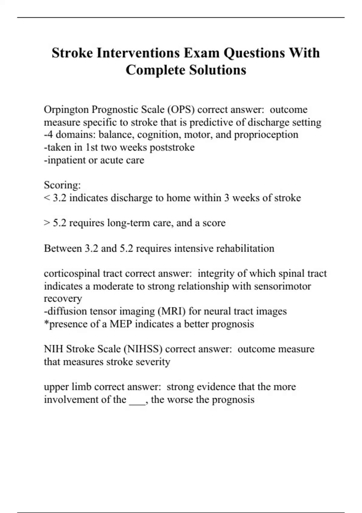 Stroke Interventions Exam Questions With Complete Solutions - Stroke ...