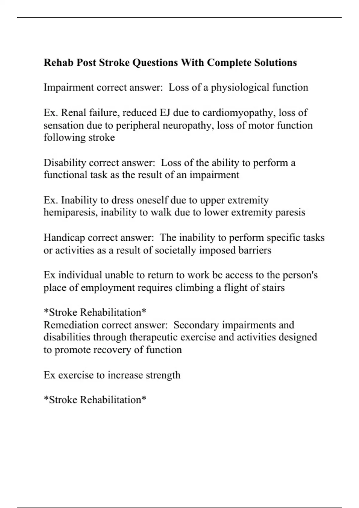 Rehab Post Stroke Questions With Complete Solutions - Rehab Post Stroke ...