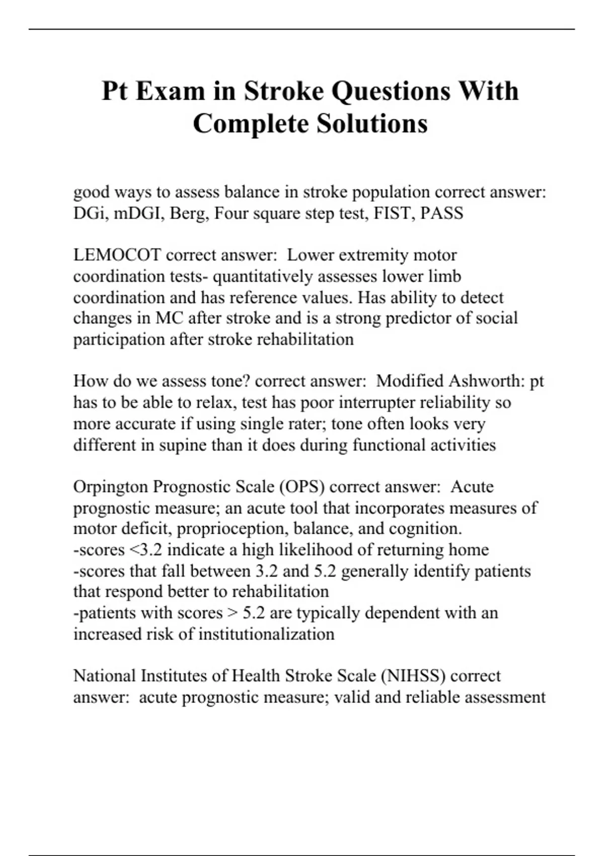 Pt Exam in Stroke Questions With Complete Solutions - Pt Stroke - Stuvia US