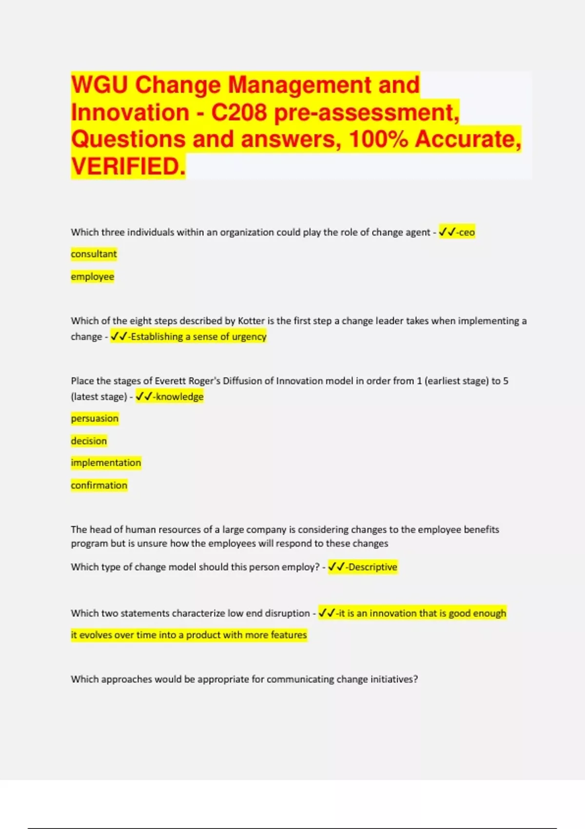 WGU Change Management and Innovation - C208 pre-assessment, Questions ...