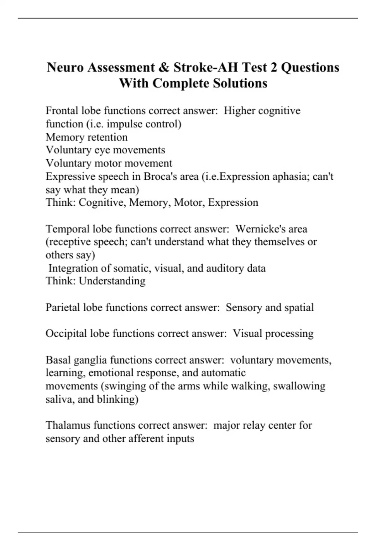 Neuro Assessment & Stroke-AH Test 2 Questions With Complete Solutions ...