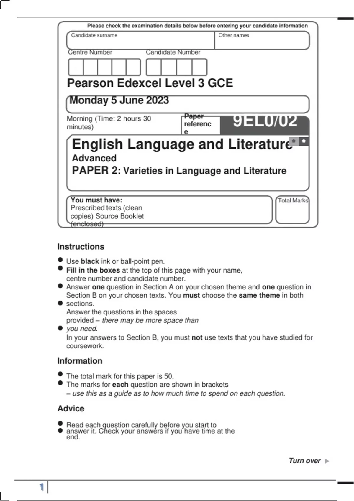 Pearson Edexcel GCE English Language and Literature Advanced PAPER 2 Varieties in Language and ...