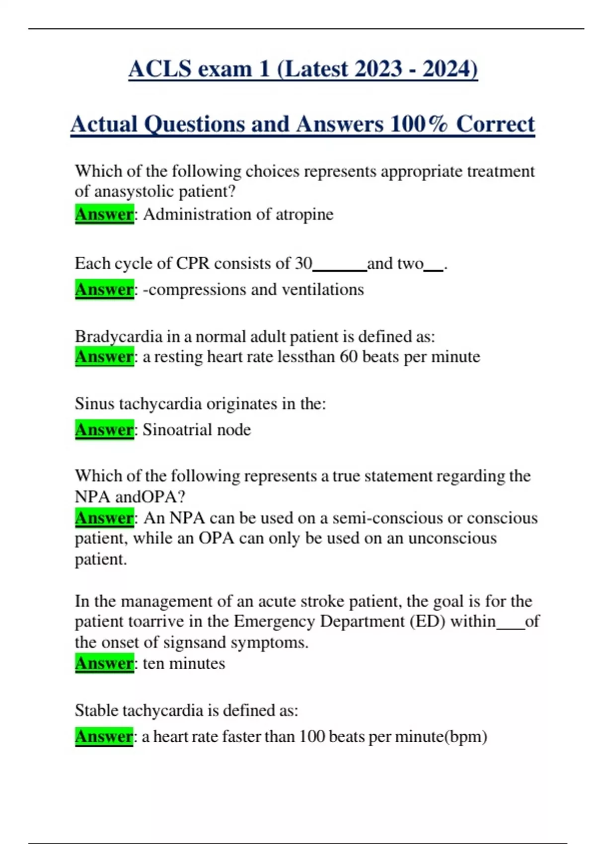 ACLS exam 1 (Latest ) Actual Questions and Answers 100% Correct - Acls ...