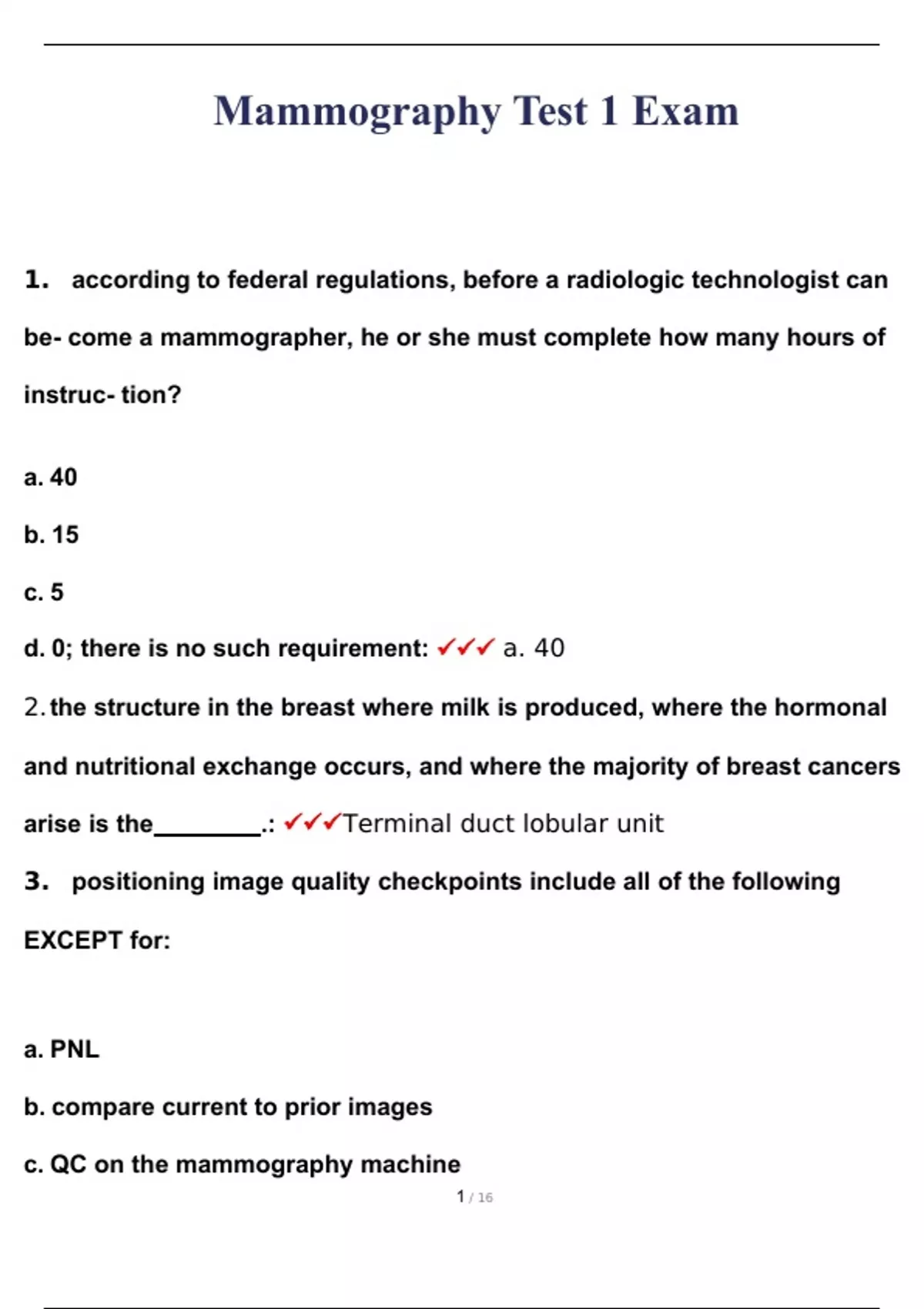 Mammography Test 1 Exam 2023 with complete solution - Mammography ...