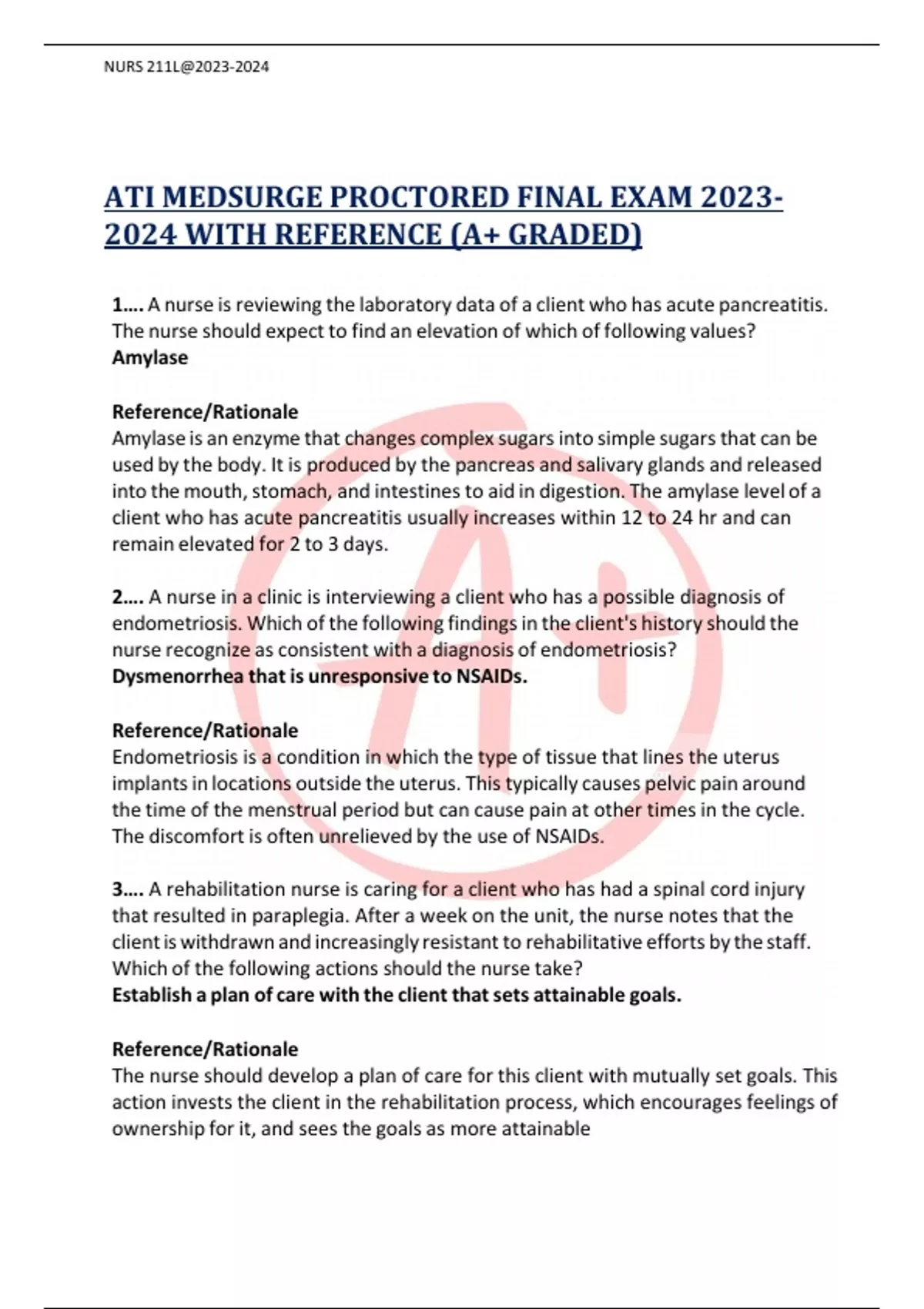 ATI MEDSURGE PROCTORED FINAL EXAM WITH REFERENCE (A+ GRADED) - NURS ...