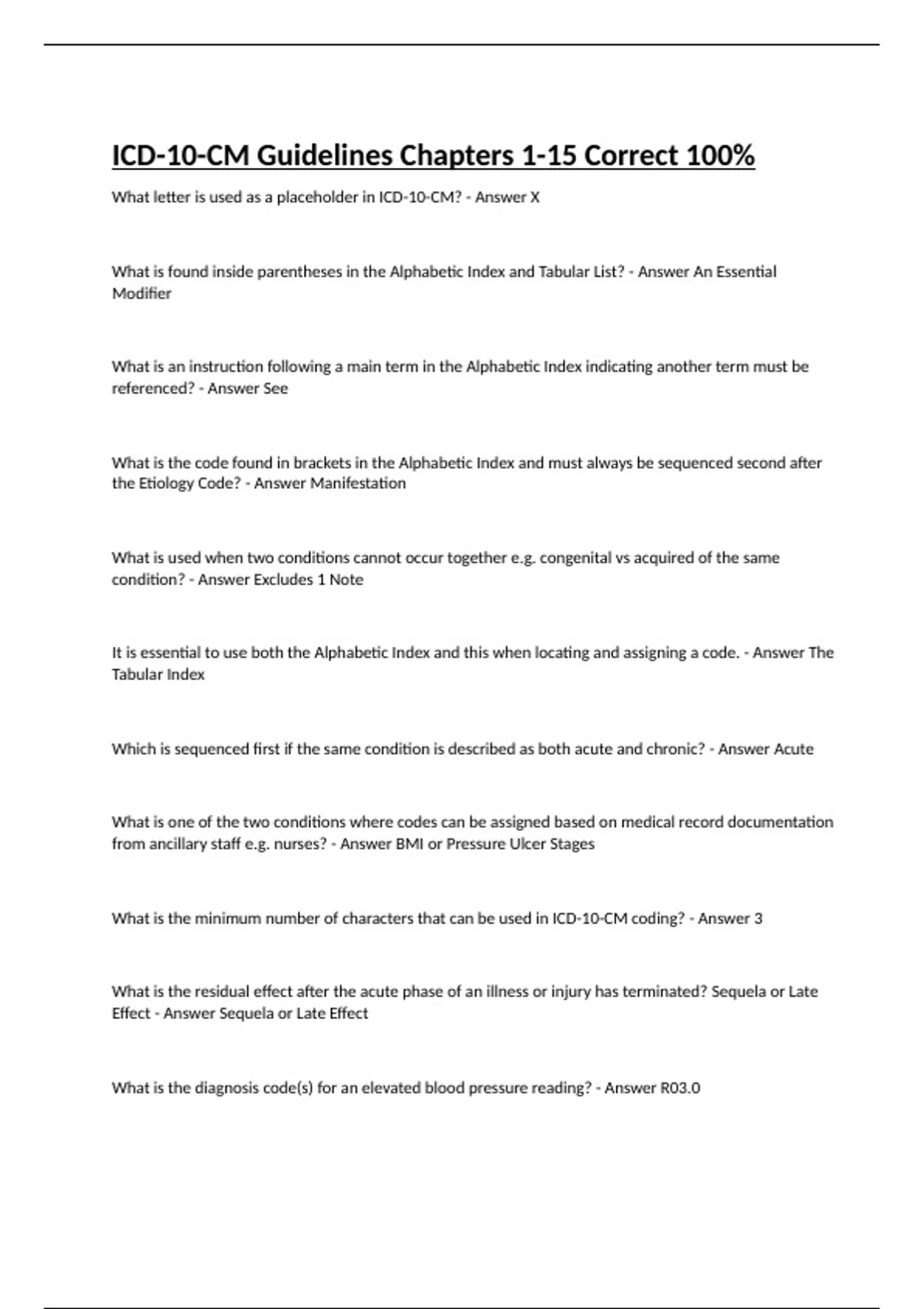 ICD-10-CM Guidelines Chapters 1-15 Correct 100% - ICD-10-CM - Stuvia US