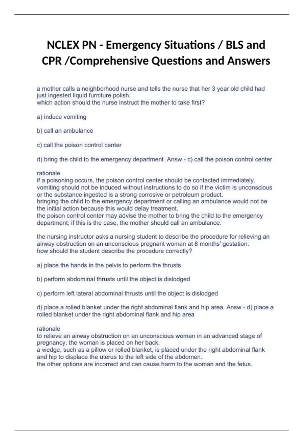 NCLEX PN - Emergency Situations / BLS and CPR /Comprehensive Questions ...