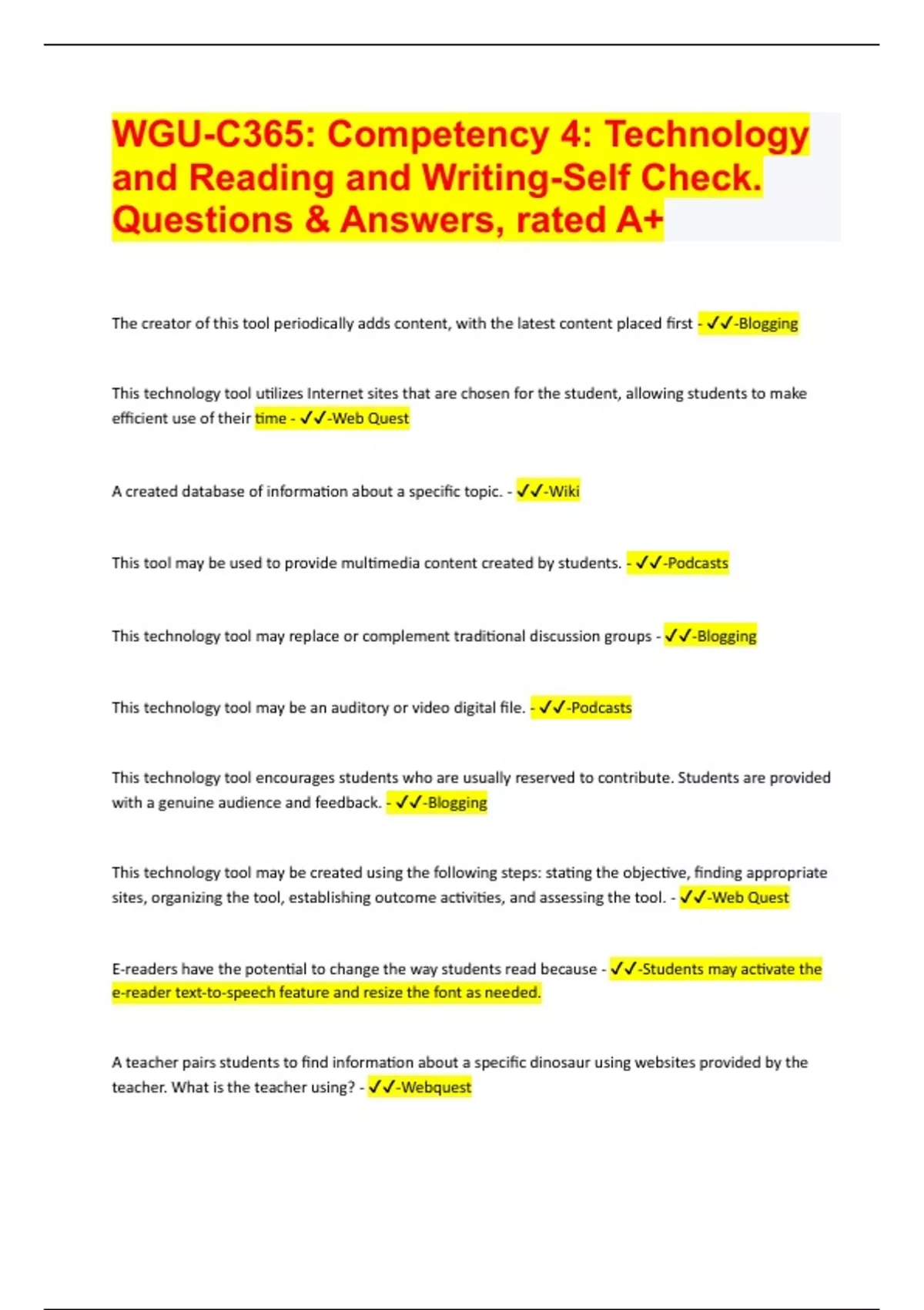 WGU-C365: Competency 4: Technology and Reading and Writing-Self Check ...
