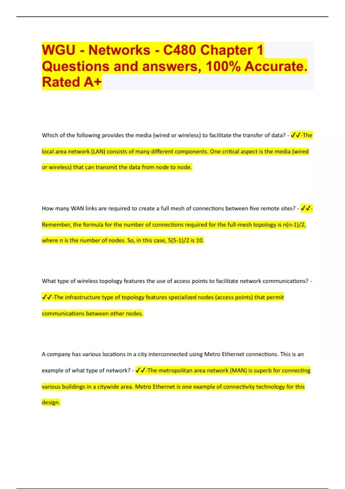 WGU - Networks - C480 Chapter 1 Questions and answers, 100% Accurate. Rated A+ 2024 - WGU ...
