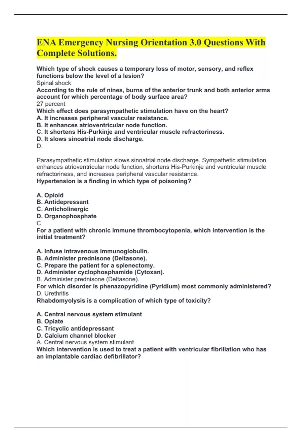ENA Emergency Nursing Orientation 3.0 Questions With Complete Solutions ...