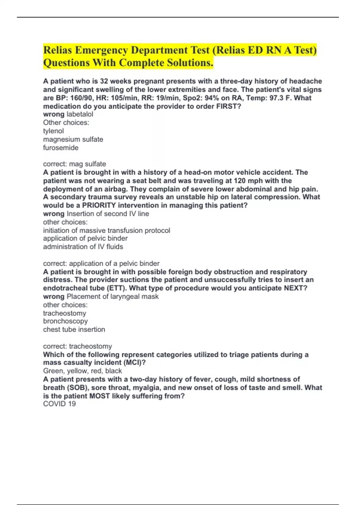 Relias Emergency Department Test (Relias ED RN A Test) Questions With ...