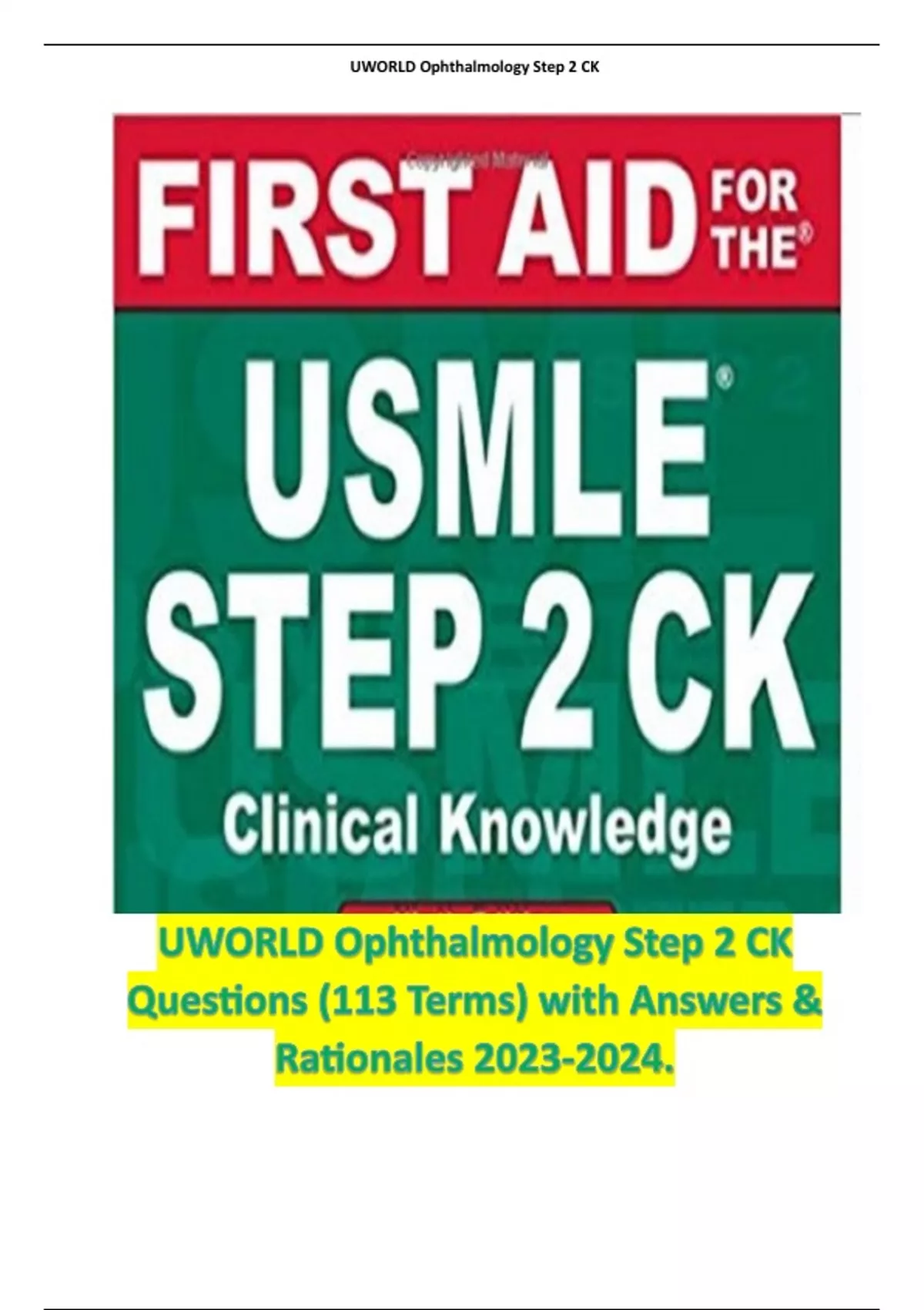 UWORLD Ophthalmology Step 2 CK Questions (113 Terms) with Answers ...