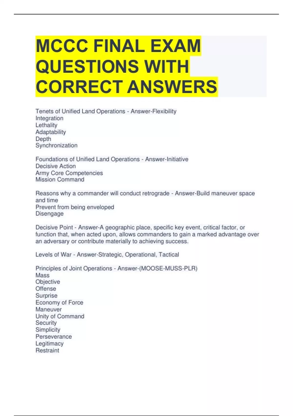 MCCC FINAL EXAM QUESTIONS WITH CORRECT ANSWERS - MCCC - Stuvia US