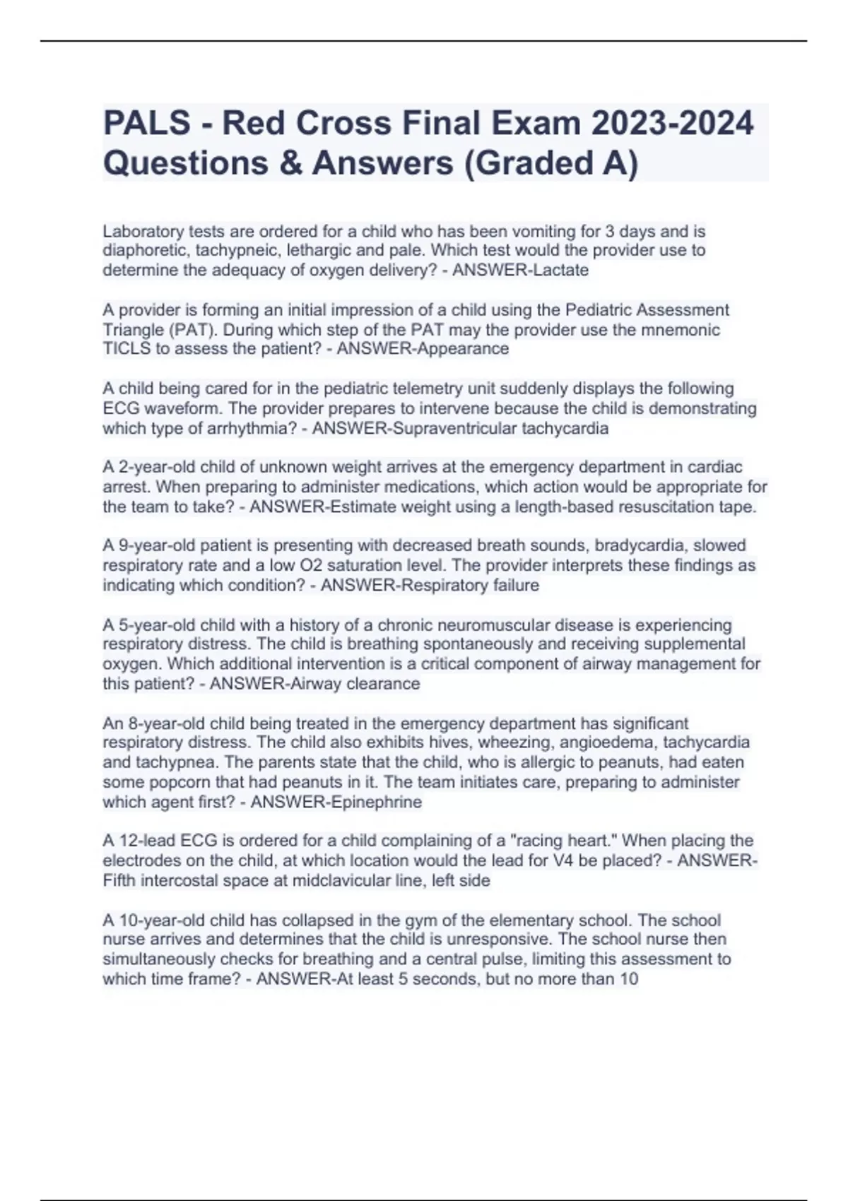 PALS - Red Cross Final Exam Questions & Answers (Graded A) - PALS ...