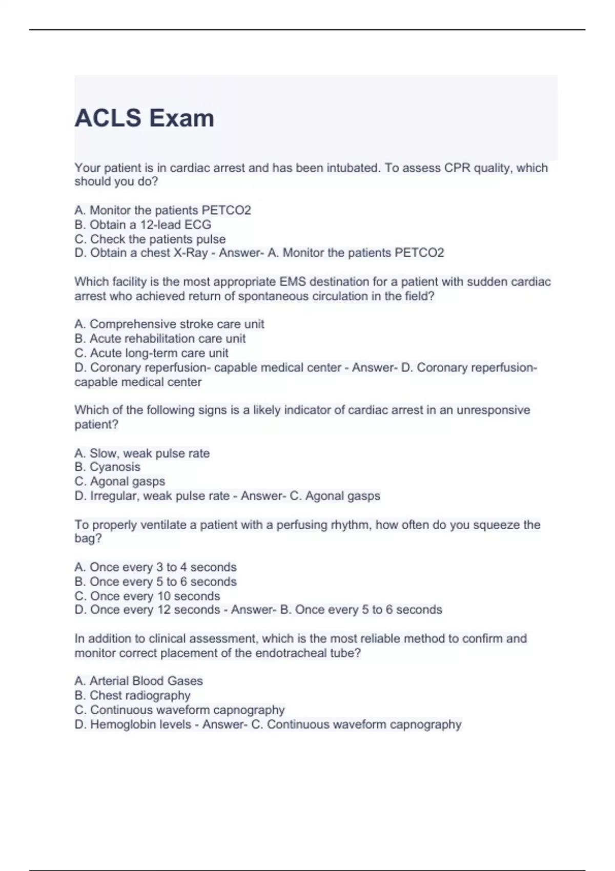 ACLS Exam 2023 Questions with correct Answers - ACLS - Stuvia US