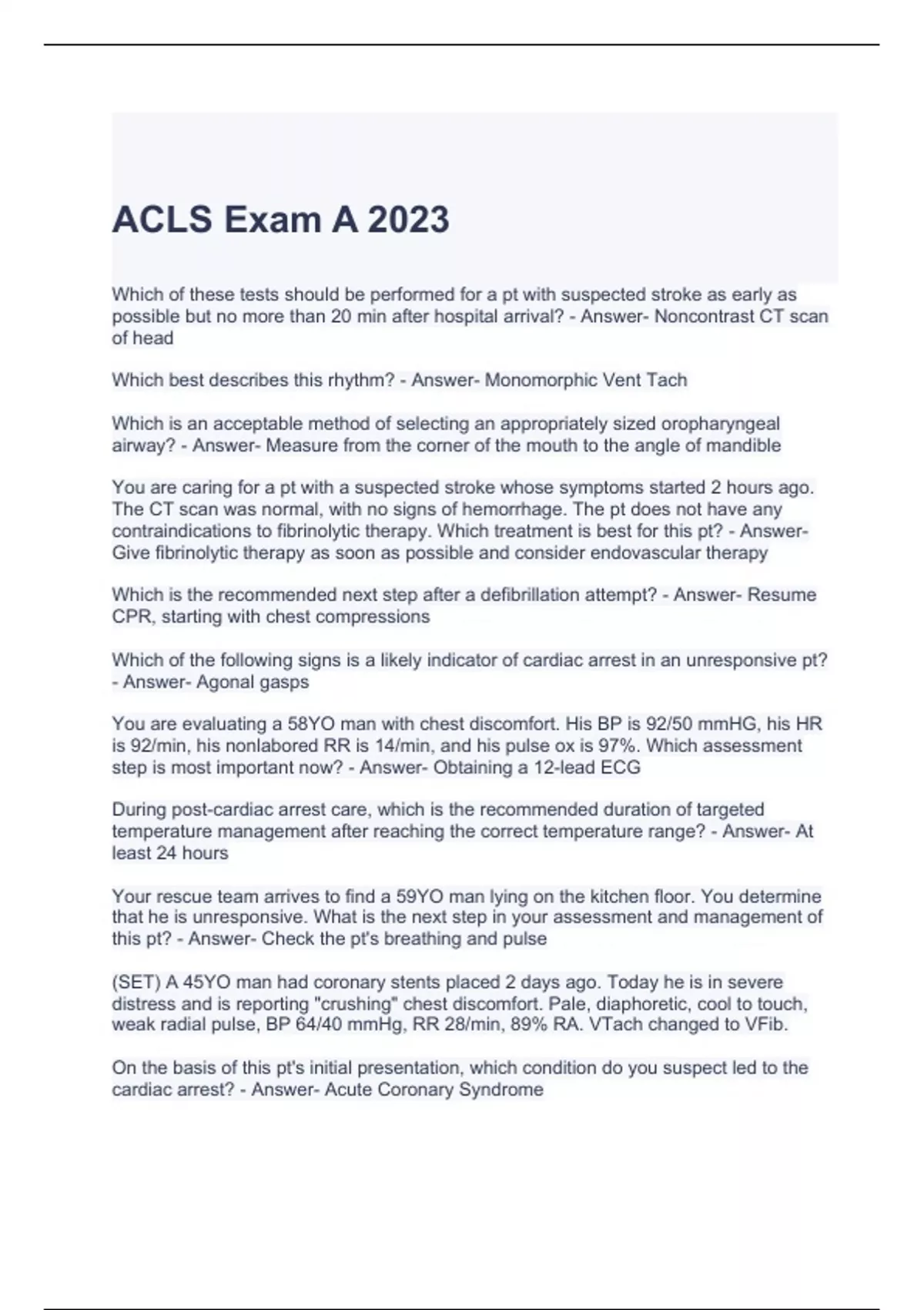 ACLS Exam A 2023 with complete solutions - ACLS - Stuvia US