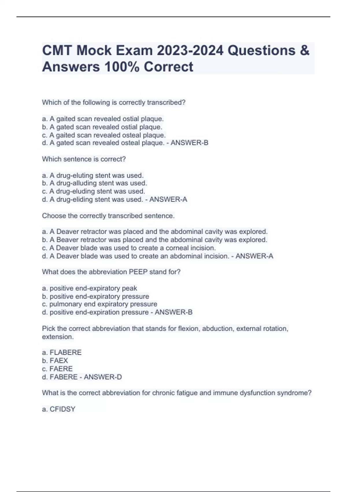 CMT Mock Exam Questions & Answers 100% Correct - CMT - Stuvia US