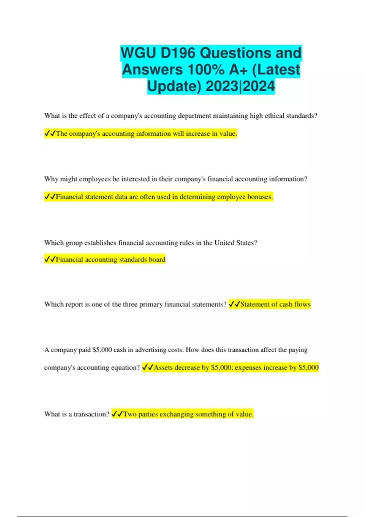 WGU D196 Questions and Answers 100% A+ (Latest Update) 2023|2024 - D196 ...