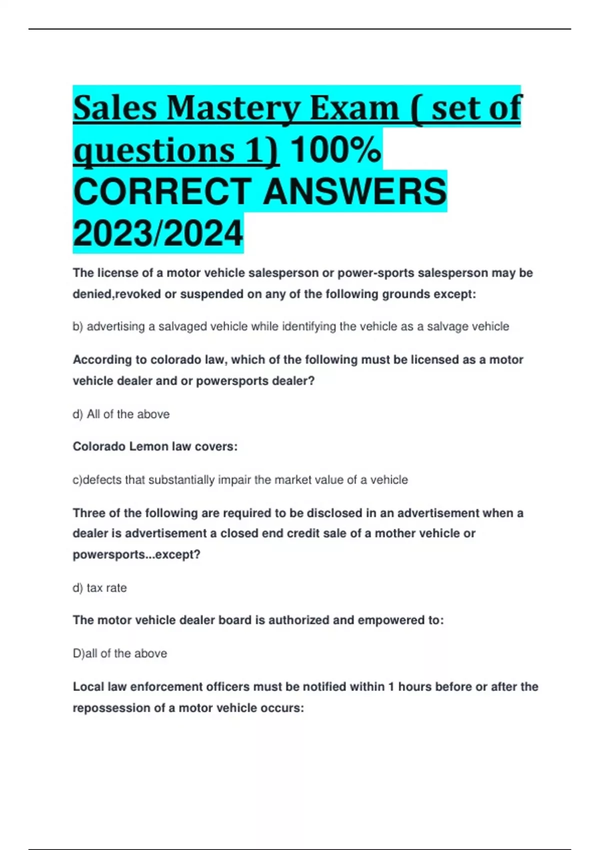 Sales Mastery Exam ( set of questions 1) 100% CORRECT ANSWERS 2023/2024 ...