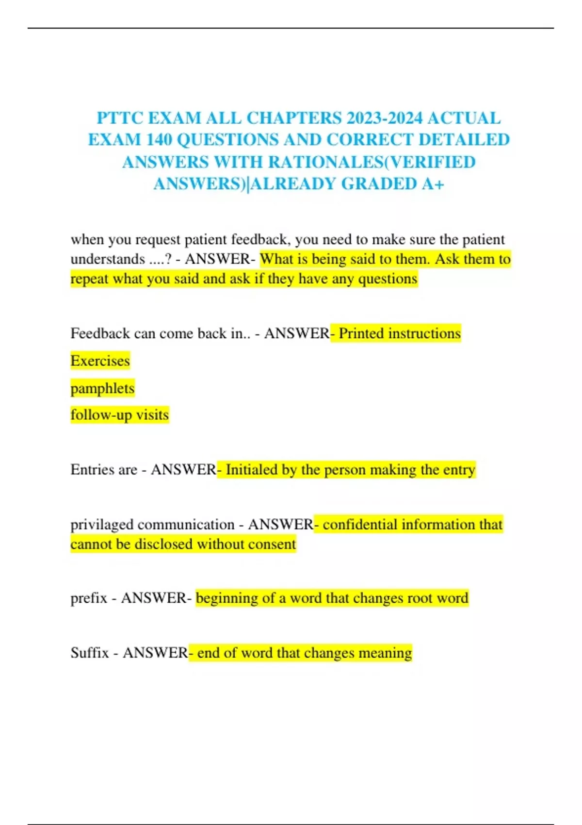 PTTC EXAM ALL CHAPTERS ACTUAL EXAM 140 QUESTIONS AND CORRECT DETAILED ANSWERS WITH RATIONALES ...